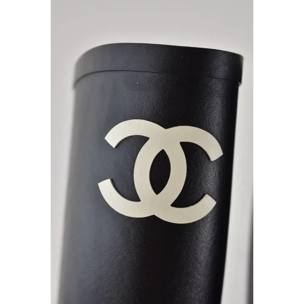 CHANEL | Shoes | Chanel Rev Black White Caoutchouc Cc Logo High Pull On ...